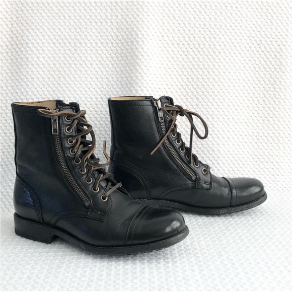 Frye | Shoes | Frye Tyler Black Leather Double Zip Ankle Combat Moto ...